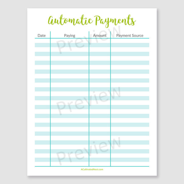 Printable Automatic Payments Tracker- A Cultivated Nest